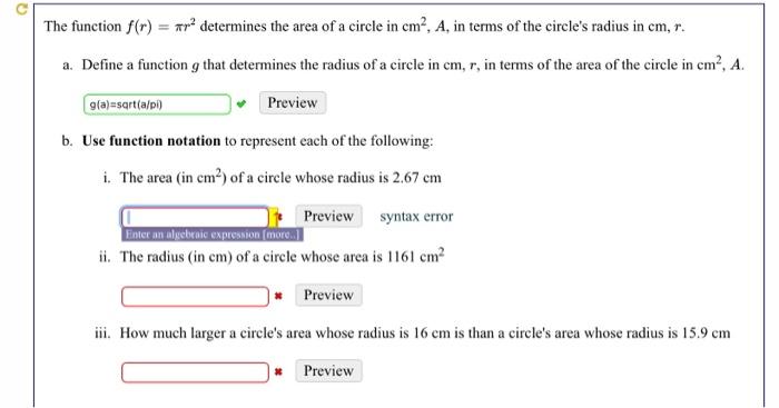 Solved The function f(r)=πr2 determines the area of a circle | Chegg.com