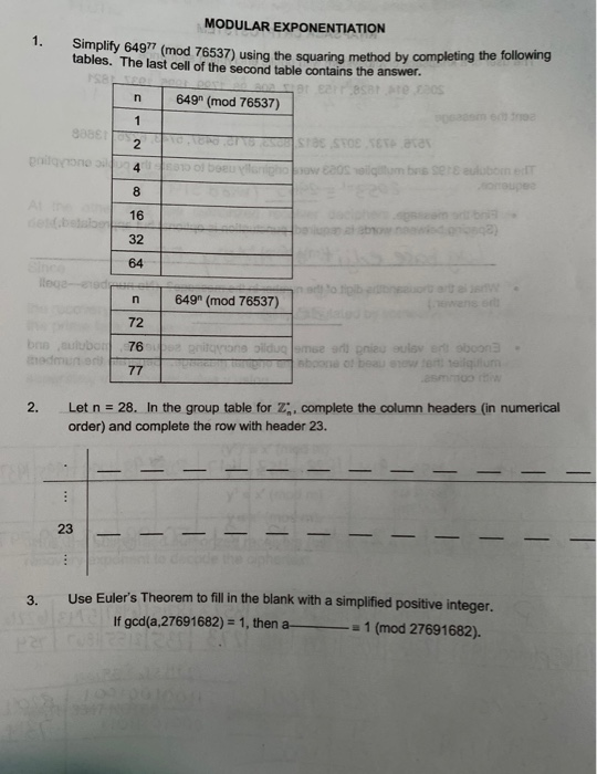 Solved MODULAR EXPONENTIATION 1. Simplify 64977 (mod 76537) | Chegg.com