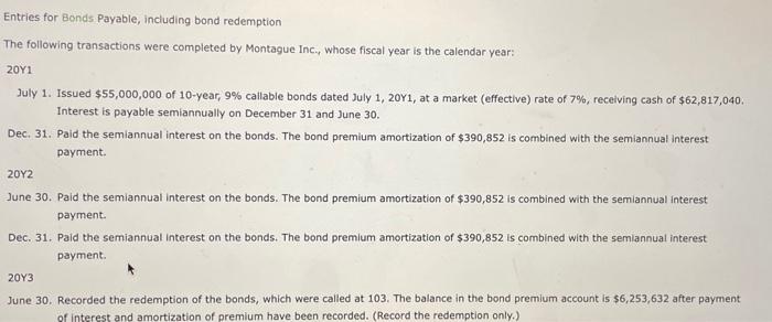 Solved Entries for Bonds Payable, including bond redemption | Chegg.com