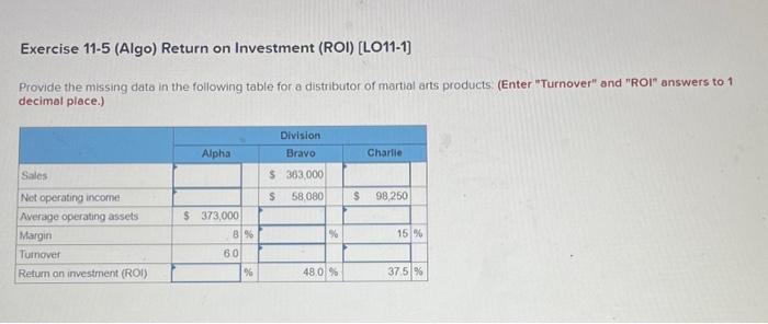 Solved Exercise 11-5 (Algo) Return on Investment (ROI) | Chegg.com Solved Exercise 11-5 (Algo) Return on Investment (ROI) | Chegg.com