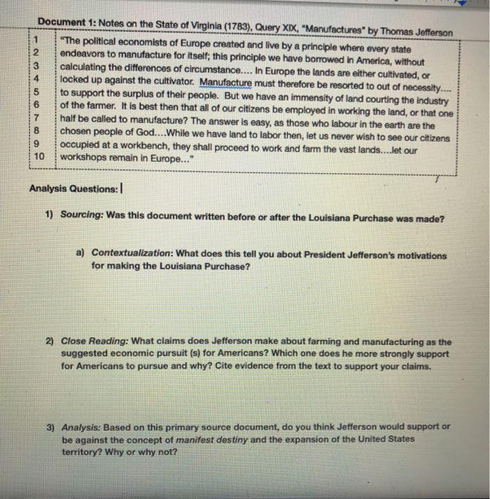 Document 1: Notes on the State of Virginia (1783), | Chegg.com