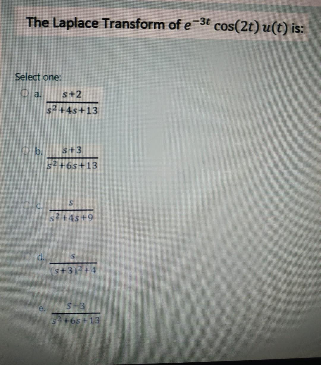 Solved The Laplace Transform of e-3t cos(2t) u(t) is: Select | Chegg.com