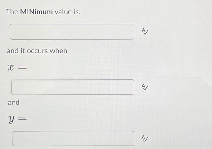 Solved The MINimum value is: and it occurs when x= and y=Use | Chegg.com