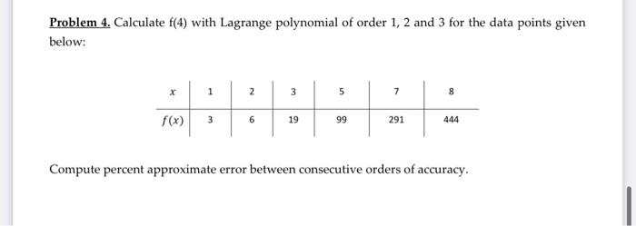 Solved Problem 4. Calculate f(4) with Lagrange polynomial of | Chegg.com