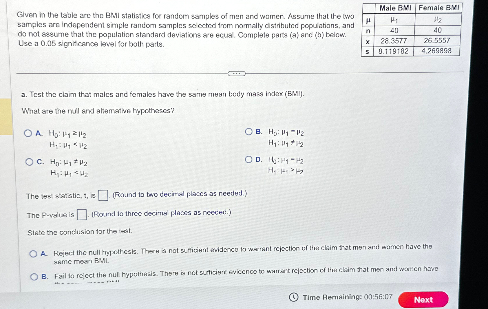 Solved Given in the table are the BMI statistics for random | Chegg.com