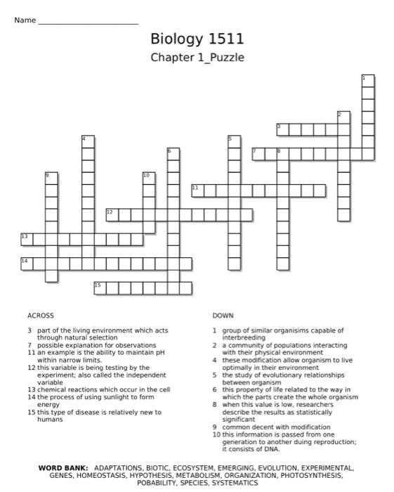 Solved Biology 1511 Chapter 1_Puzzle WORD BANK: ADAPTATIONS, | Chegg.com