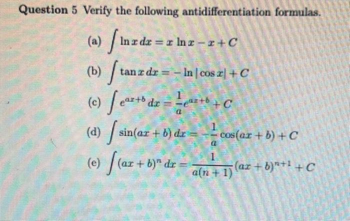 Solved Question 5 Verify the following antidifferentiation | Chegg.com