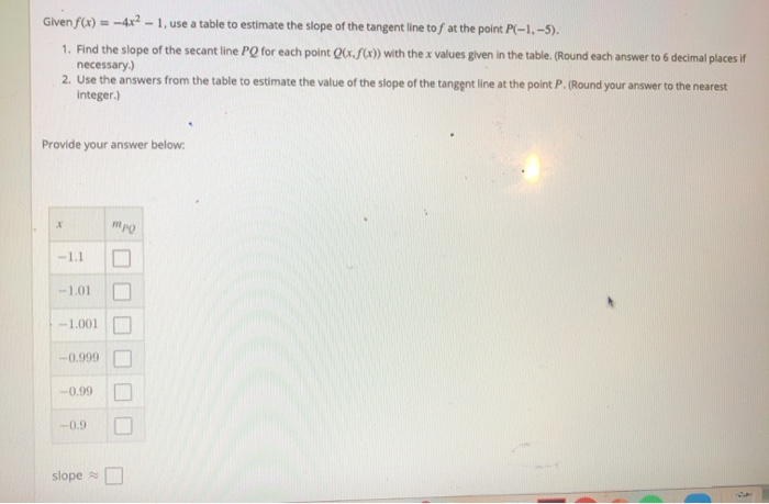 Solved Given f(x) = -4x2 - 1, use a table to estimate the | Chegg.com