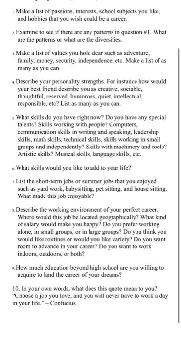1. Make a list of passions, interests, school | Chegg.com