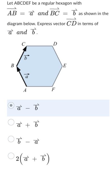 Solved Let ABCDEF be a regular hexagon with AB = a and BC = | Chegg.com