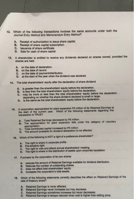 Solved 12. Which of the following transactions involves the | Chegg.com