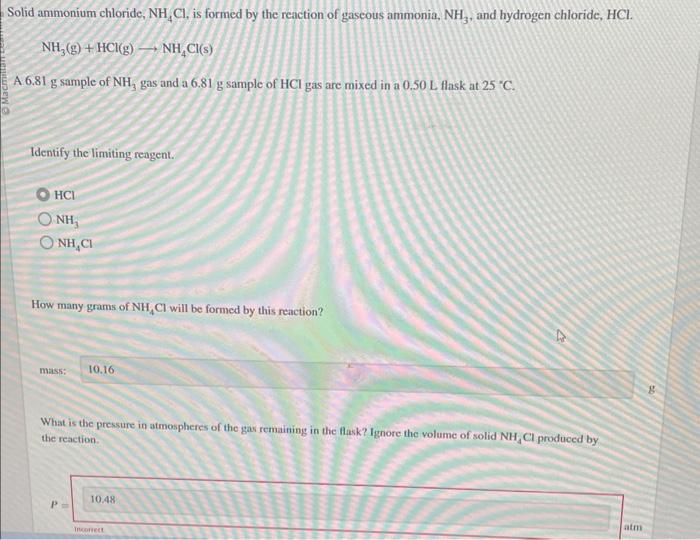 Solved NH3( g)+HCl(g)→NH4Cl(s) 6.81 g sample of NH3 gas and | Chegg.com