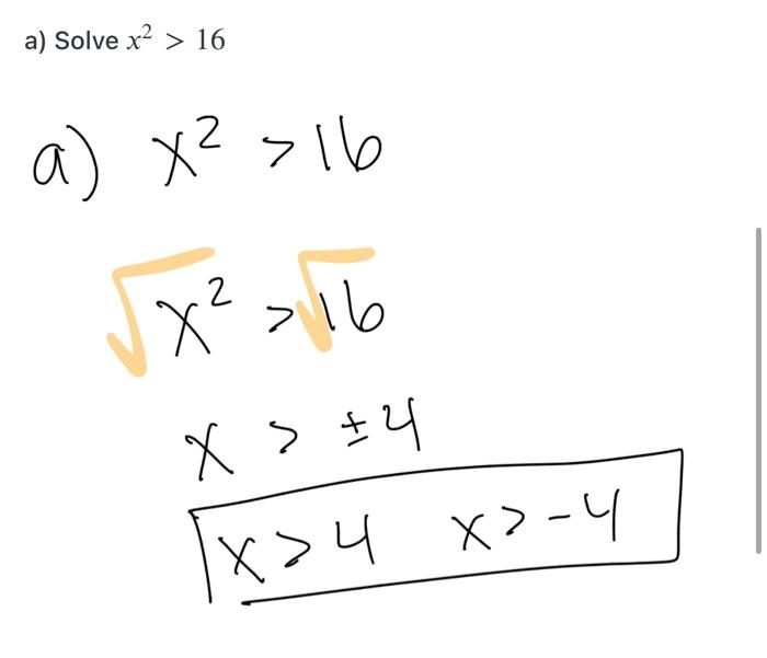 Solved a) Solve x2 > 16 ) a) 4² >16 914zX hic X b-cx hex 5 | Chegg.com
