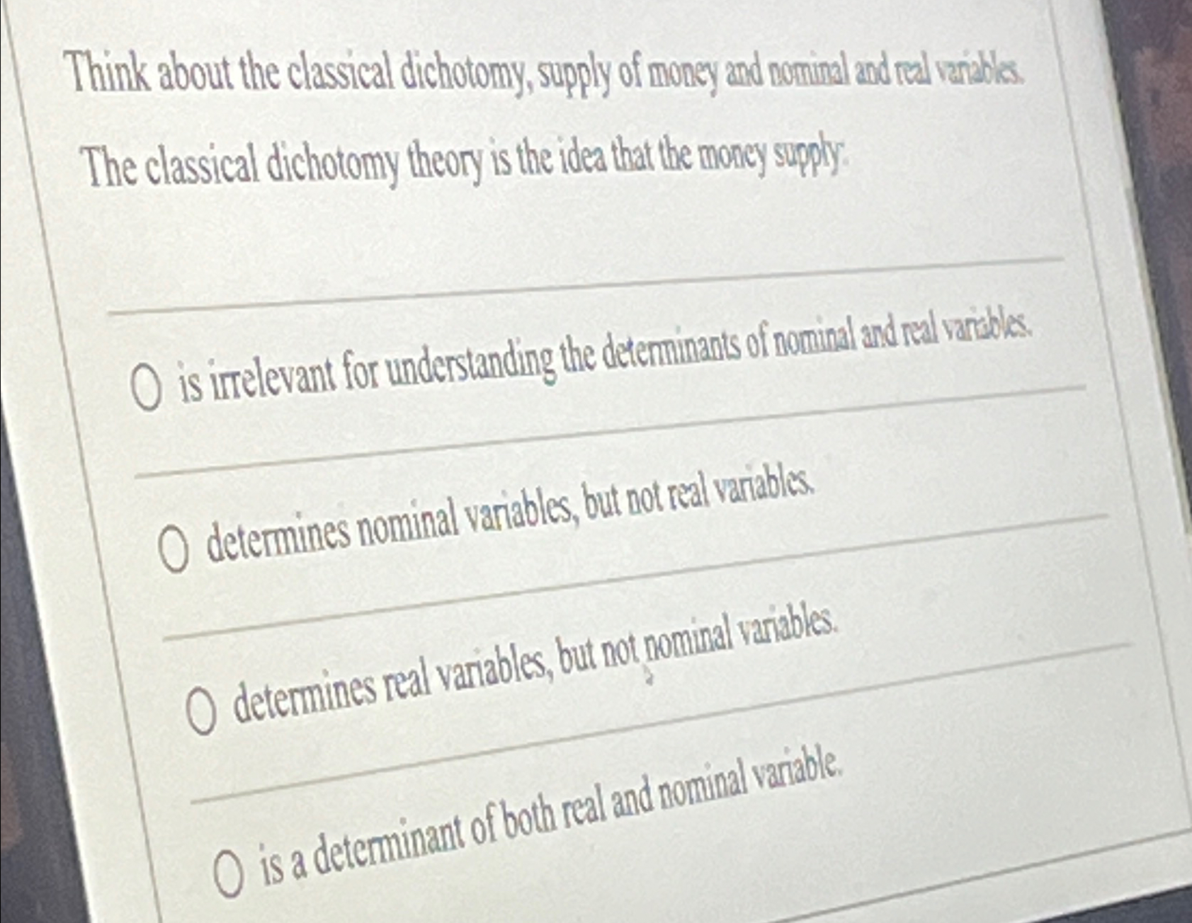 Solved Think about the classical dichotomy, supply of money | Chegg.com