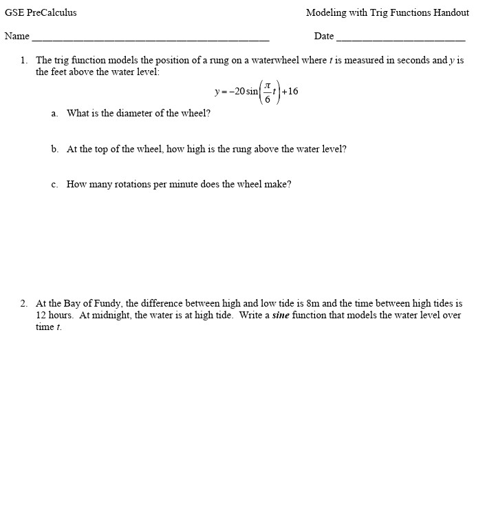 Solved GSE PreCalculusModeling with Trig Functions | Chegg.com