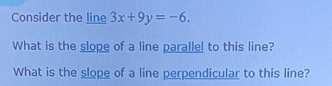Solved Consider the line 3x+9y=-6What is the slope of a line | Chegg.com