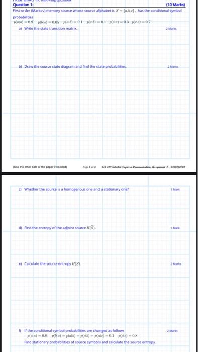Question 1: (10 Marks) First-order (Markov memory | Chegg.com