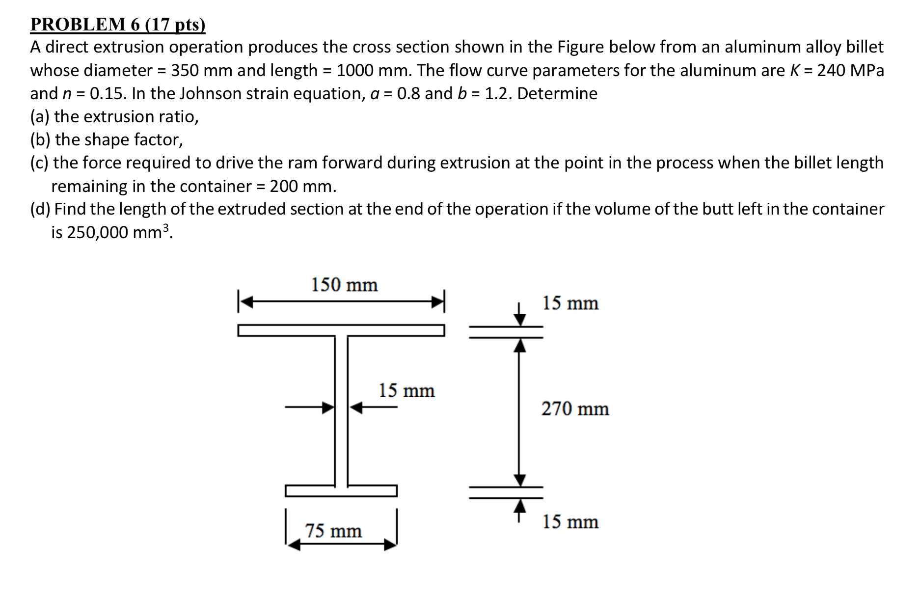 Solved PROBLEM 6 ( 17 ﻿pts)A direct extrusion operation | Chegg.com