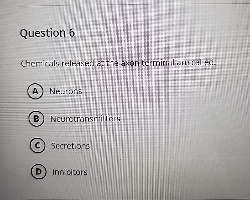 Solved Question 6Chemicals released at the axon terminal are | Chegg.com