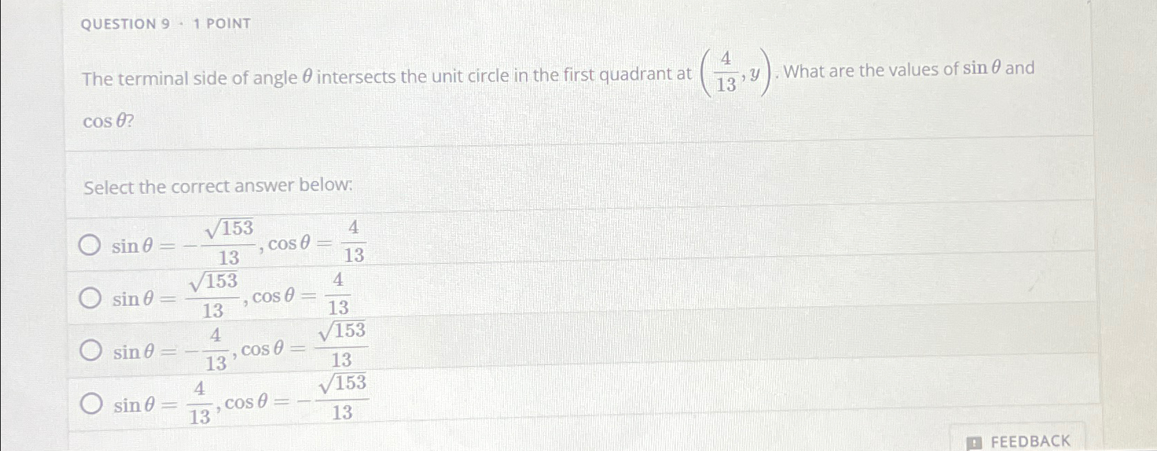 Solved QUESTION 9 - 1 ﻿POINTThe terminal side of angle θ | Chegg.com