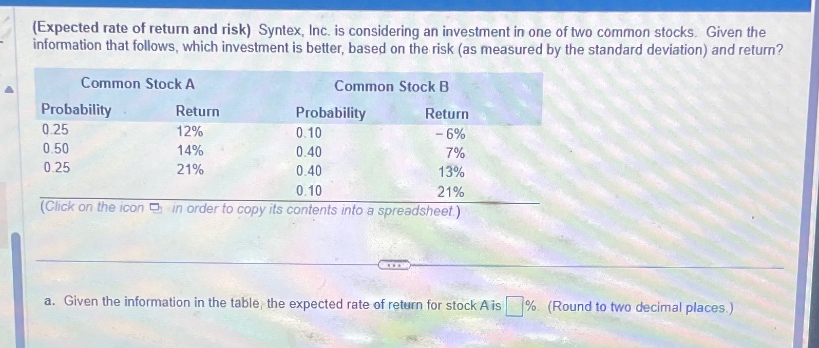Solved (Expected rate of return and risk) ﻿Syntex, Inc. is | Chegg.com