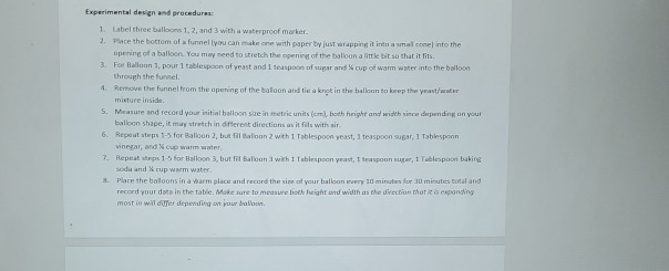 the experiment. Results Data Table Sire of balloon | Chegg.com