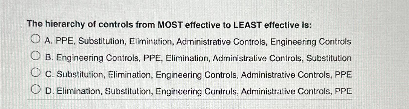 Solved The hierarchy of controls from MOST effective to | Chegg.com