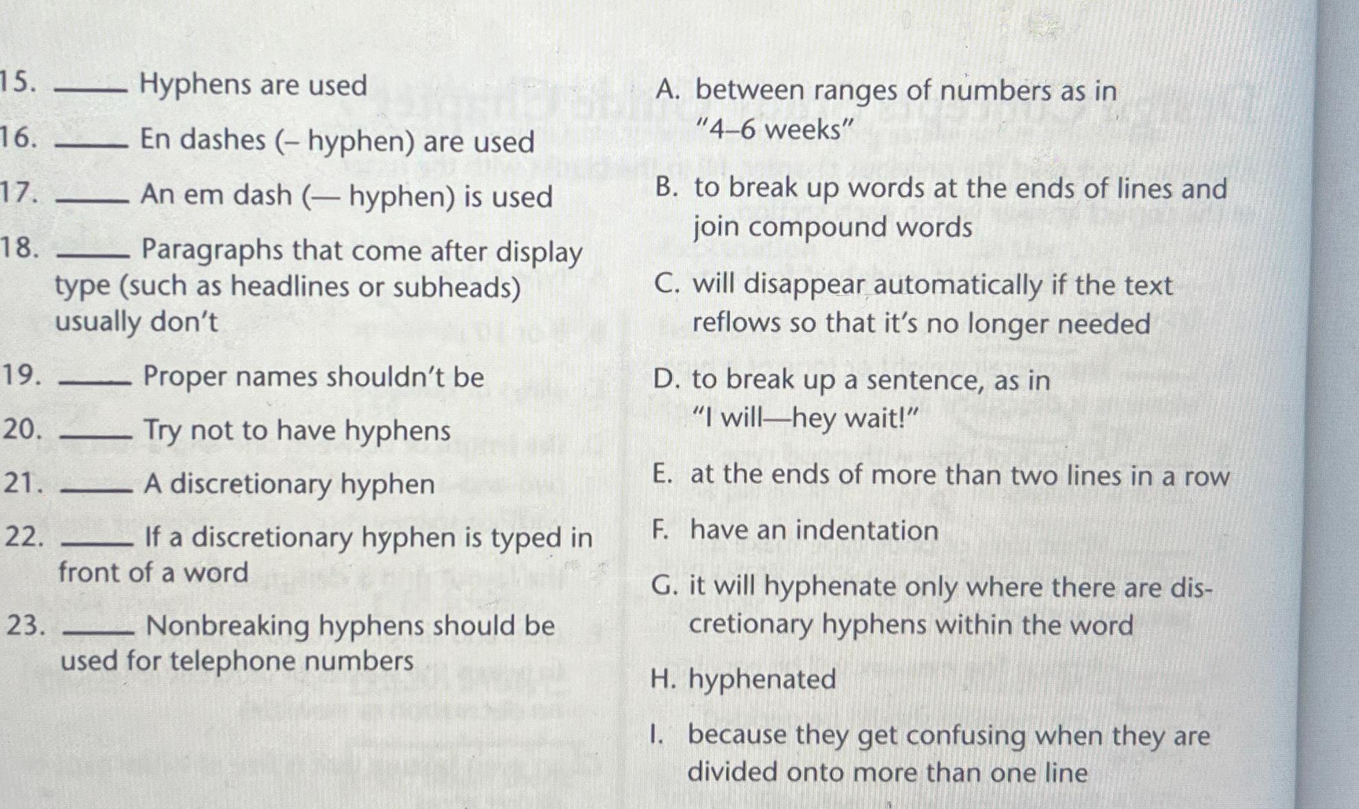 Solved Hyphens are usedEn dashes (- ﻿hyphen) ﻿are usedAn em | Chegg.com