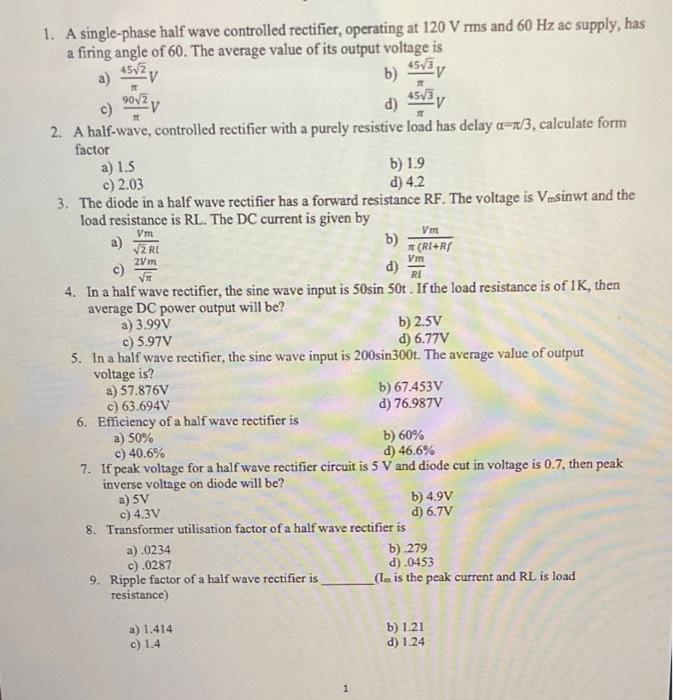 1. A single-phase half wave controlled rectifier, | Chegg.com