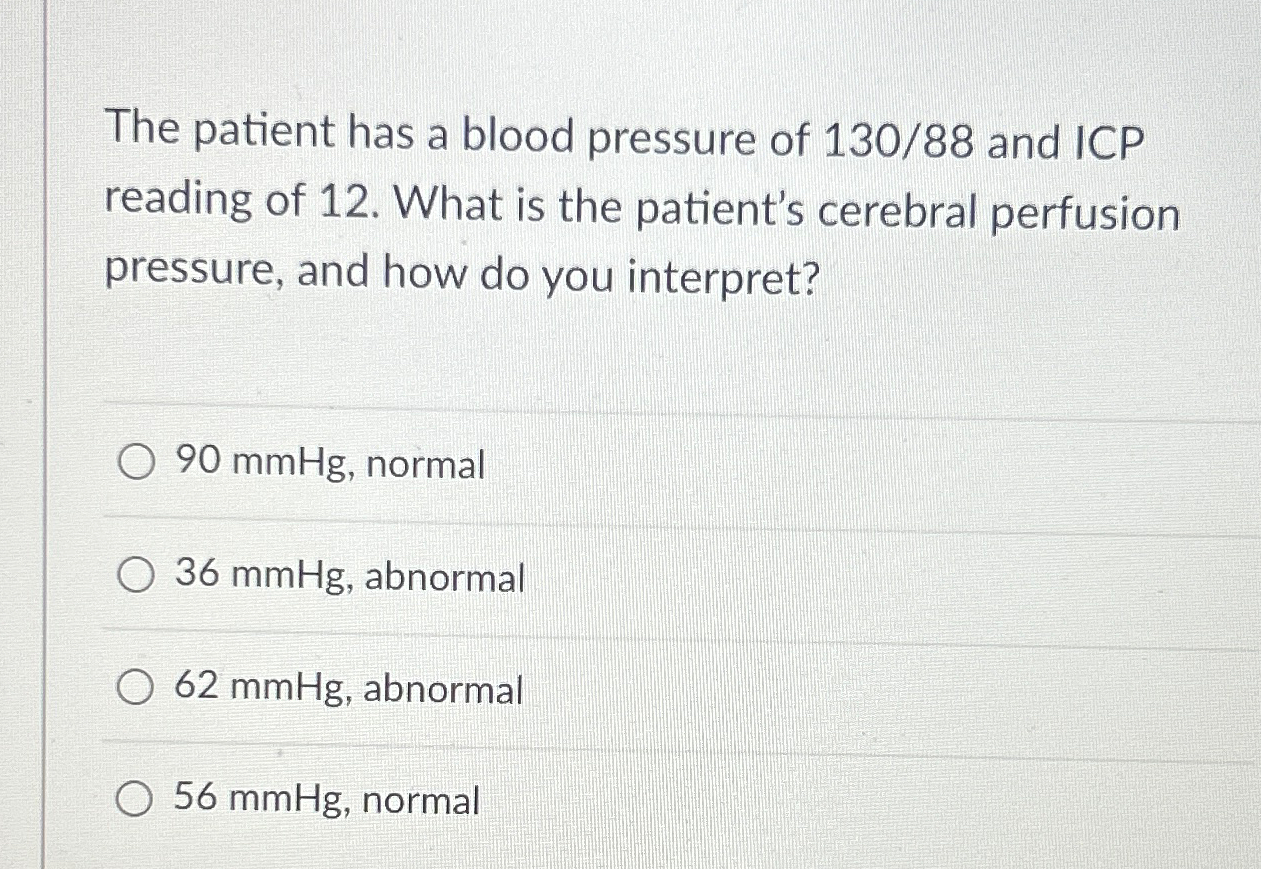 Solved The patient has a blood pressure of 130/88 ﻿and ICP | Chegg.com