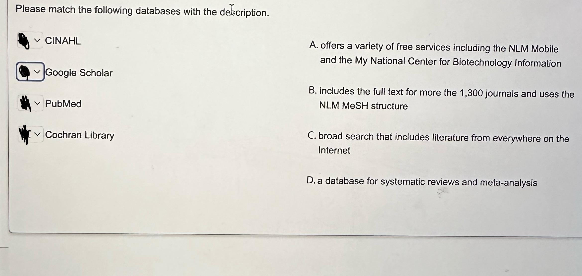 Solved Please match the following databases with the | Chegg.com