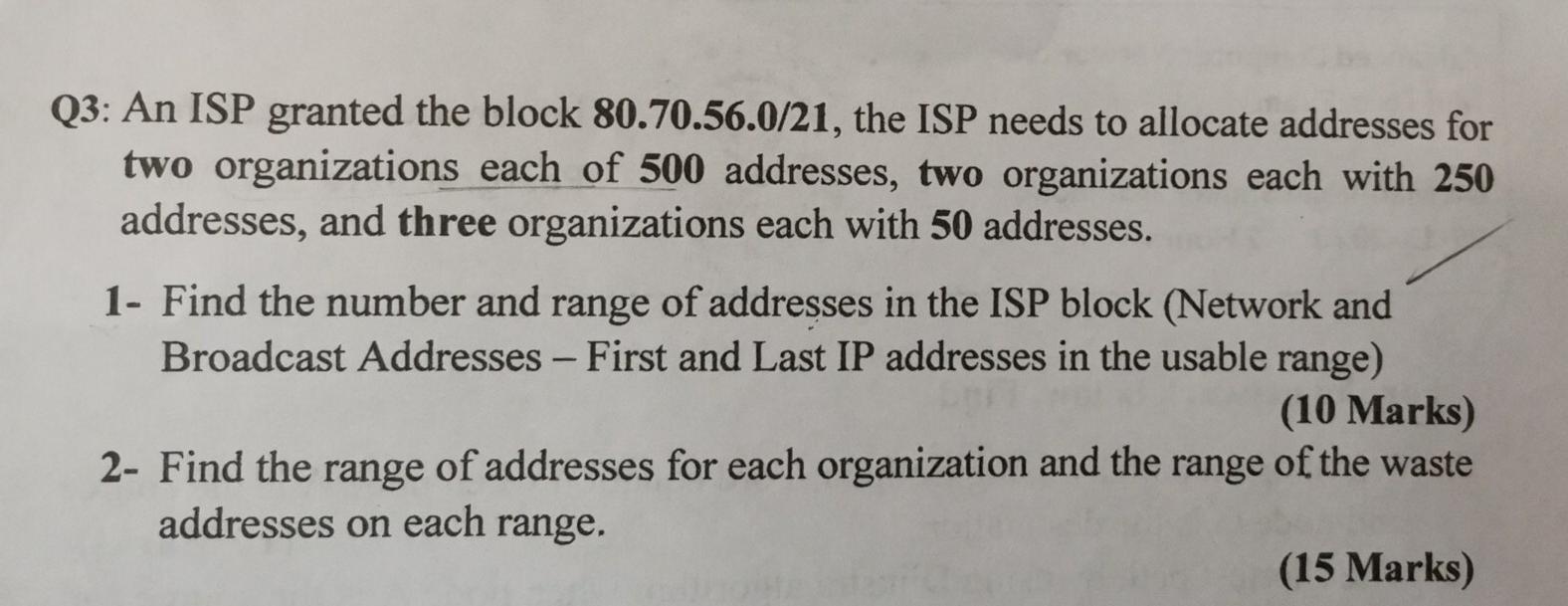 Solved Q3: An ISP granted the block 80.70.56.0/21, the ISP | Chegg.com