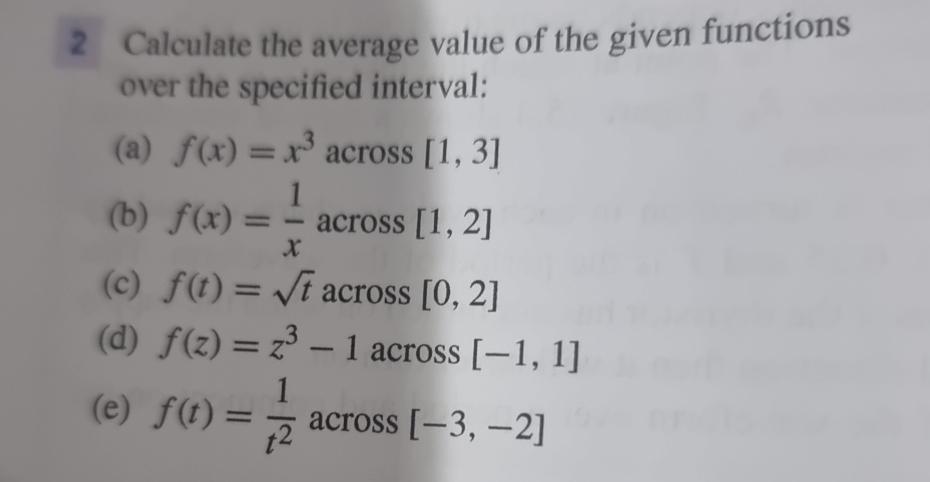 Solved 2 Calculate the average value of the given functions | Chegg.com