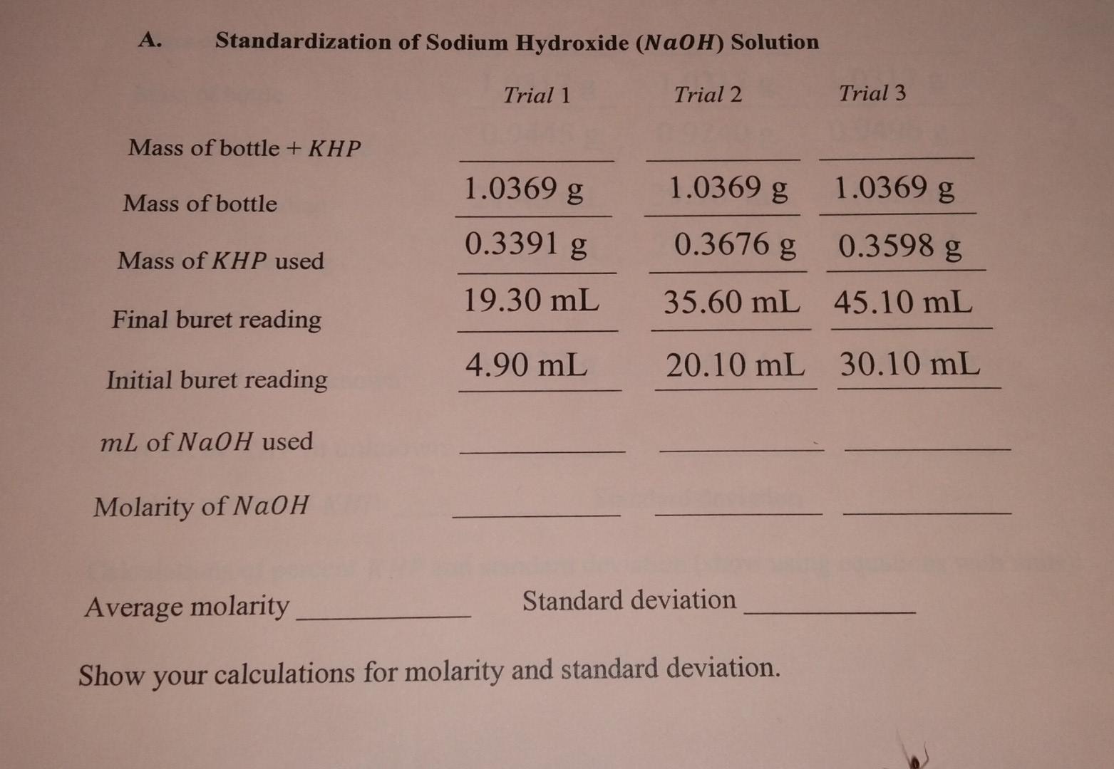 Solved A. Standardization of Sodium Hydroxide (NaOH) | Chegg.com