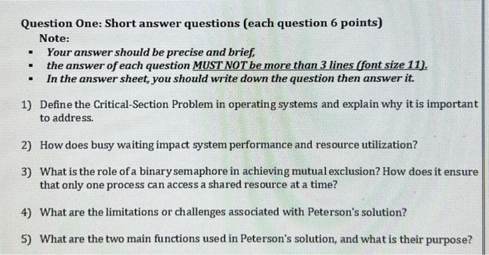 Solved Question One: Short answer questions (each question 6 | Chegg.com