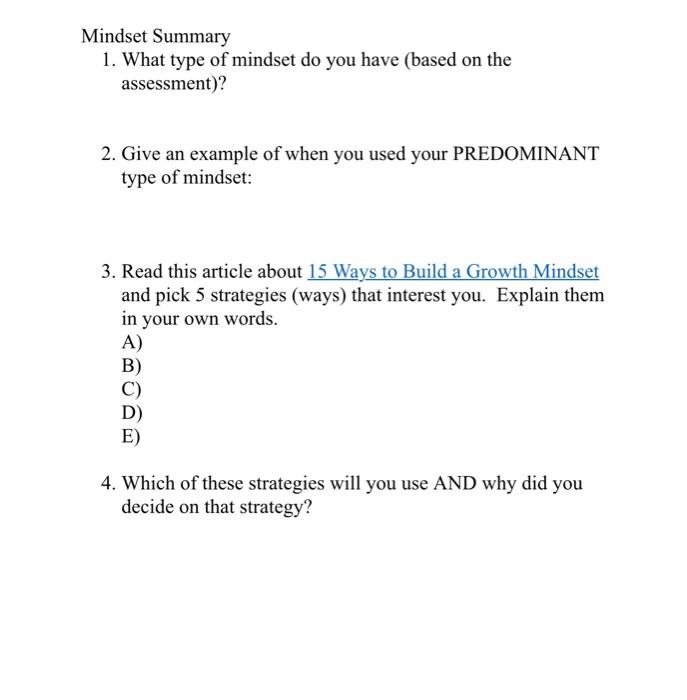 Mindset Summary 1. What type of mindset do you have | Chegg.com