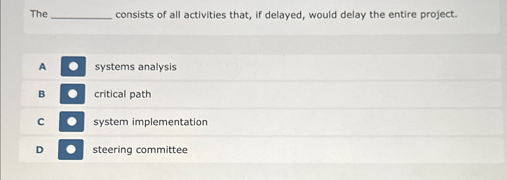 Solved The ﻿consists of all activities that, if delayed, | Chegg.com