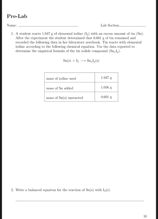 Solved Pre-Lab Name: Lab Section 1. A student reacts 1.947 g | Chegg.com