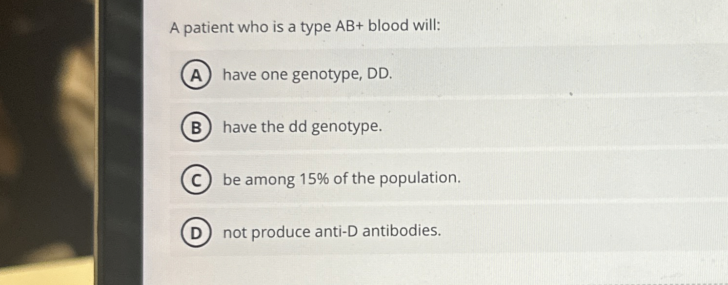 Solved A patient who is a type AB+ ﻿blood will:have one | Chegg.com