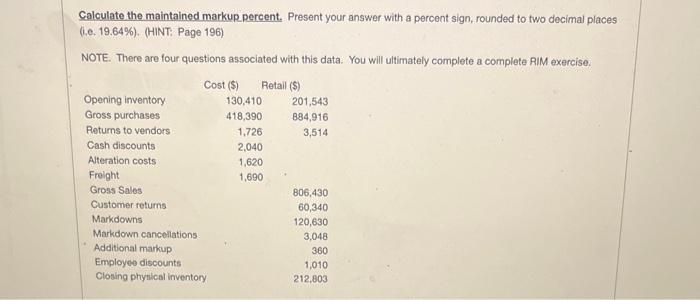 Solved Calculate the maintained markup percent. Present your | Chegg.com