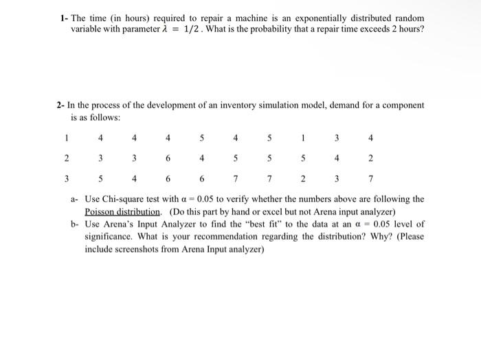 Solved 1- The time (in hours) required to repair a machine | Chegg.com