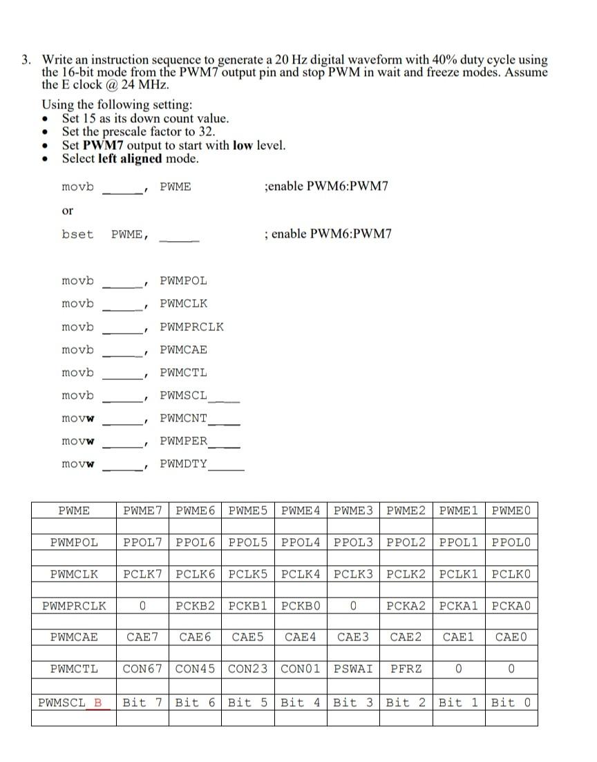 Solved 3. Write an instruction sequence to generate a 20 Hz | Chegg.com