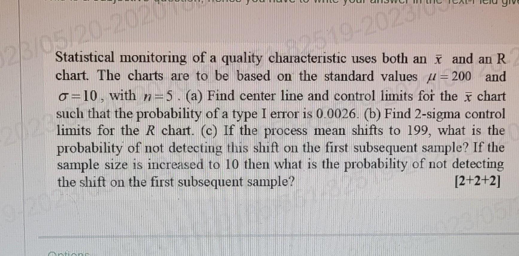 Solved Statistical monitoring of a quality characteristic | Chegg.com