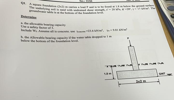 Solved See.t 22/66Q1. ﻿A square foundation ( 2×2 ) ﻿m | Chegg.com