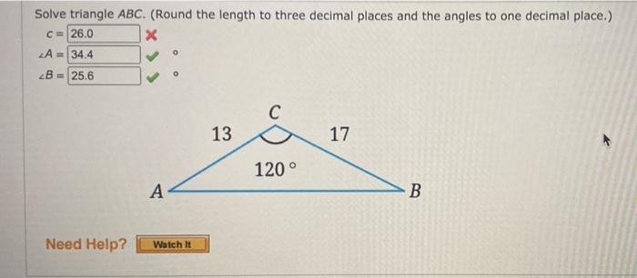Solved Solve triangle ABC. (Round the length to three | Chegg.com
