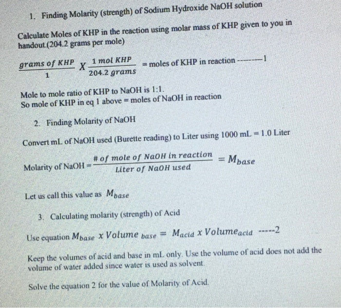 Solved 1. Finding Molarity (strength) of Sodium Hydroxide | Chegg.com