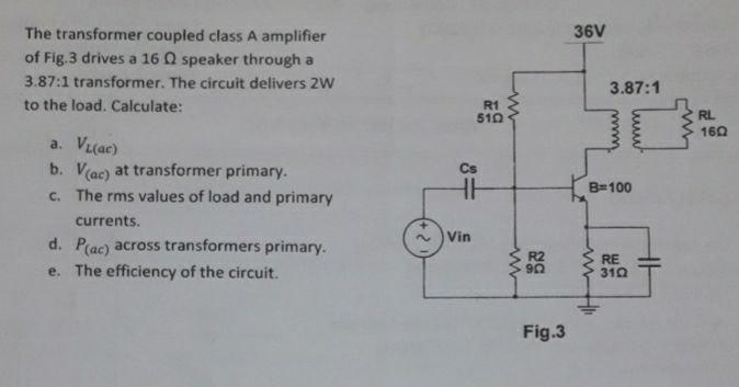 Solved 36V The transformer coupled class A amplifier of Fig. | Chegg.com
