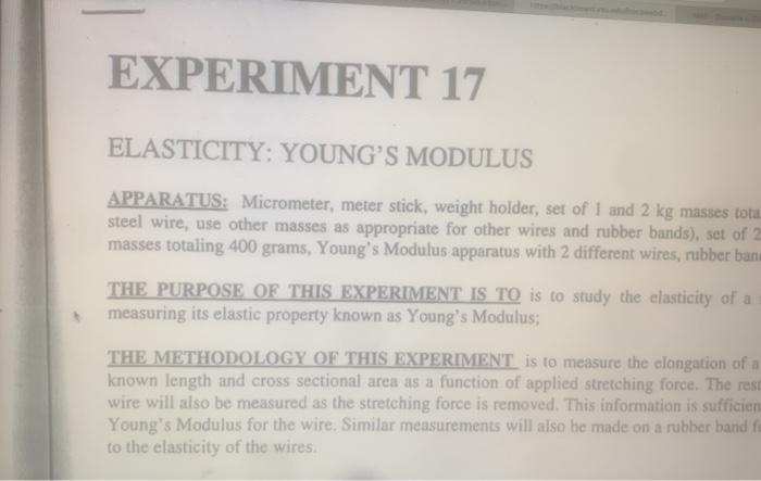 EXPERIMENT 17 ELASTICITY: YOUNG'S MODULUS APPARATUS: | Chegg.com