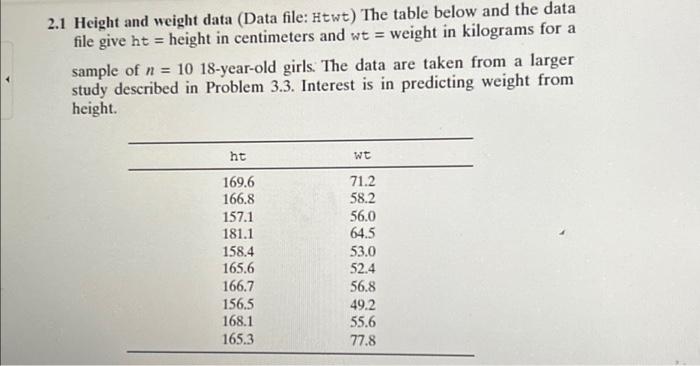 2.1 Height and weight data (Data file: Htwt) The | Chegg.com