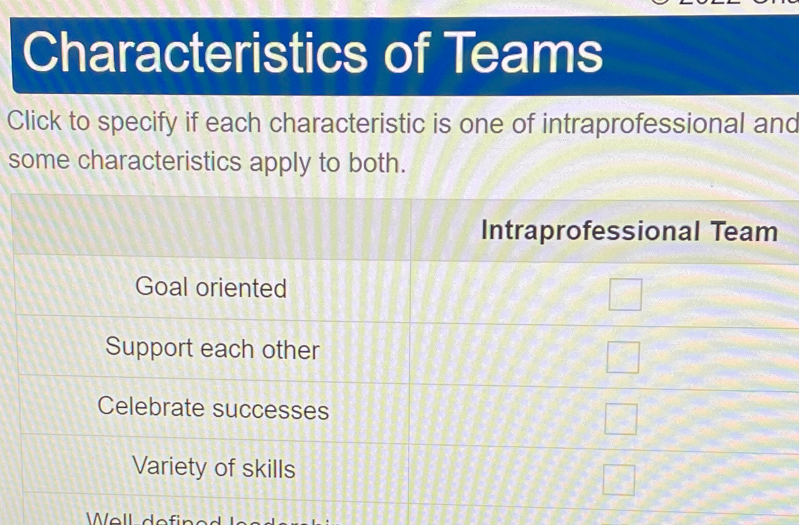 Solved Characteristics of TeamsClick to specify if each | Chegg.com